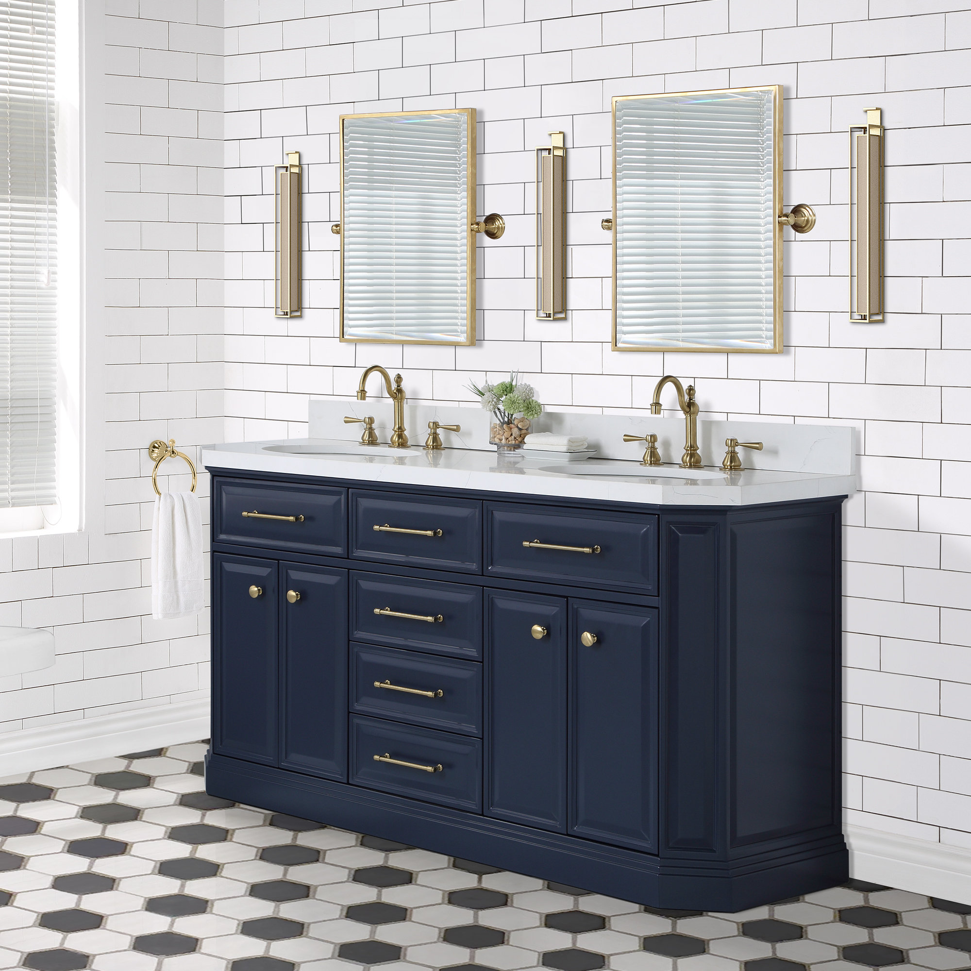 Water Creation Palace 60" Carrara Quartz Countertop Bath Vanity in Monarch Blue with Faucet and ...